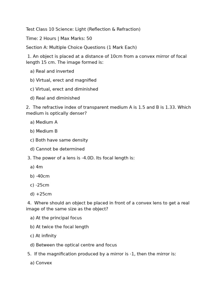 Class X Light Test | PDF | Mirror | Optics