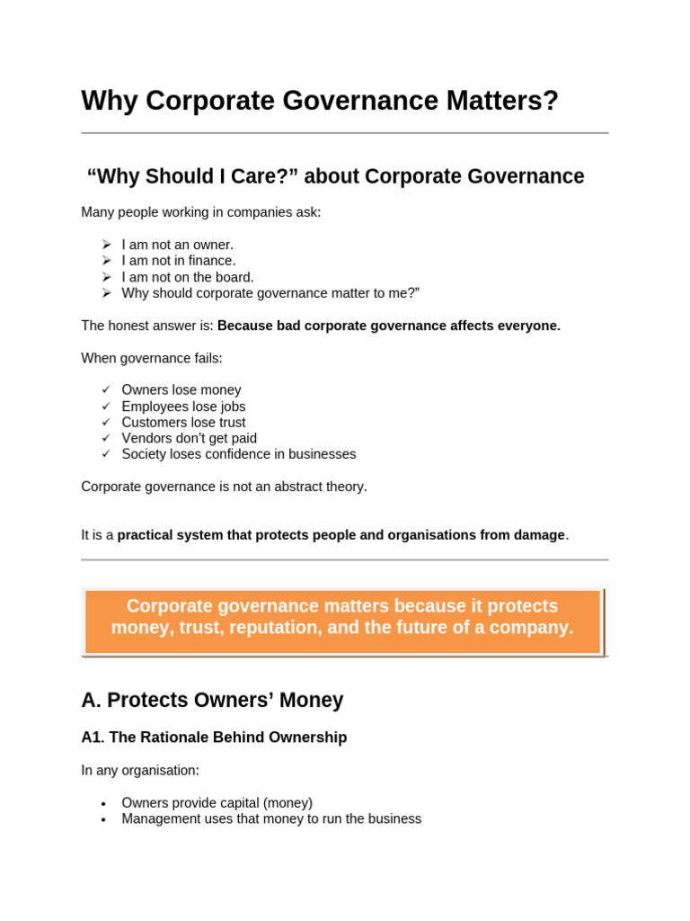 Importance of Corporate Governance | PDF | Corporate Governance ...