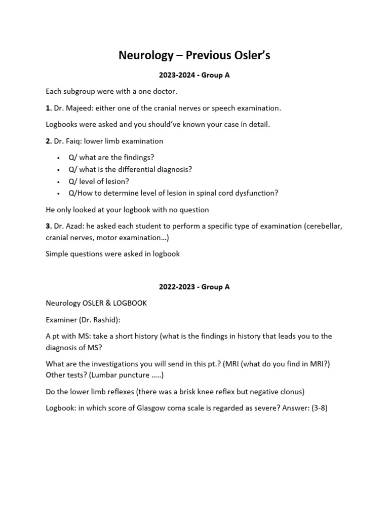 Neurology – Previous Osler’s | PDF
