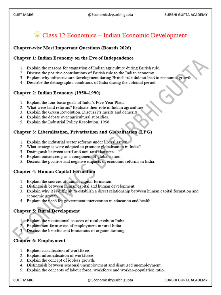 CUET Class 12 Economics Key Questions | PDF | Economy Of India | Economies