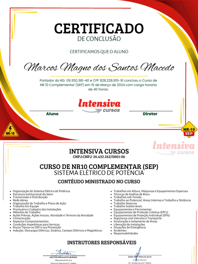 Certificado Curso NR 10 Complementar SEP | PDF