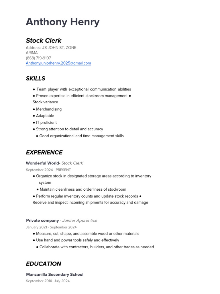 Anthony Henry - Stock Clerk Resume | PDF