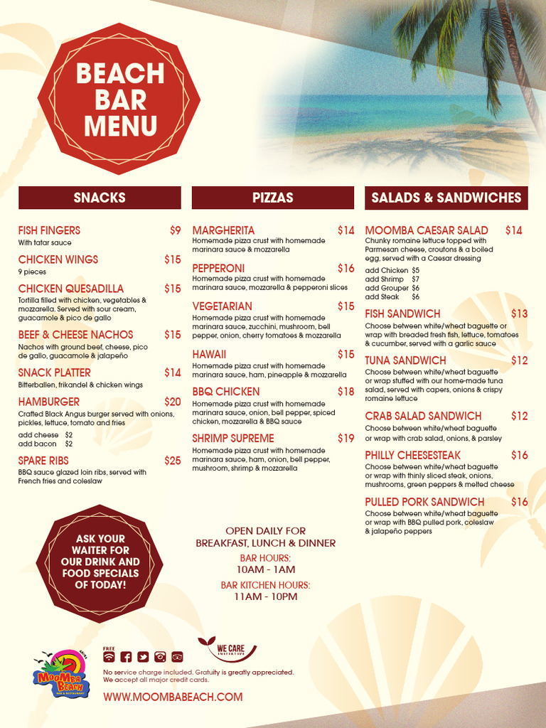 Moomba Beach Bar Menu and Hours | PDF | Cuisine | Foods