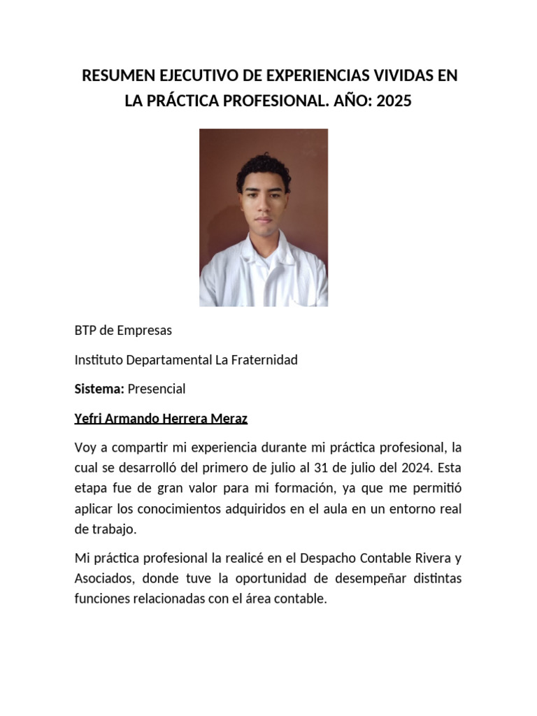 Resumen Ejecutivo de Experiencias Vividas en La Práctica Profesional-1 ...