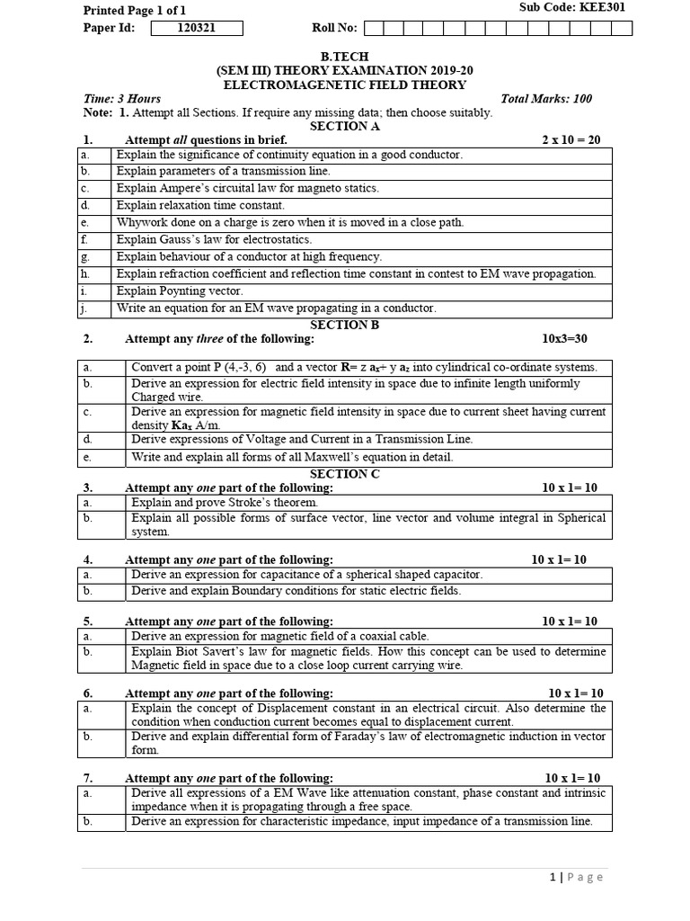 Btech Ee 3 Sem Electromagnetic Field Theory Kee301 2020 | PDF ...
