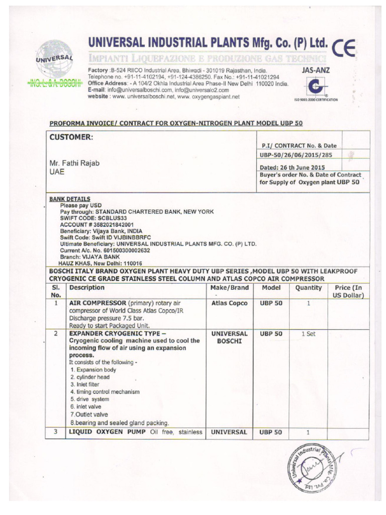Proforma Invoice for Plant Model Ubp-50 | PDF