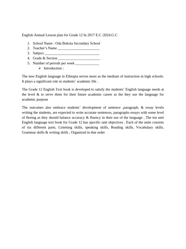 English Annual Lesson plan for Grade 12In 2016 E | PDF | Vocabulary ...