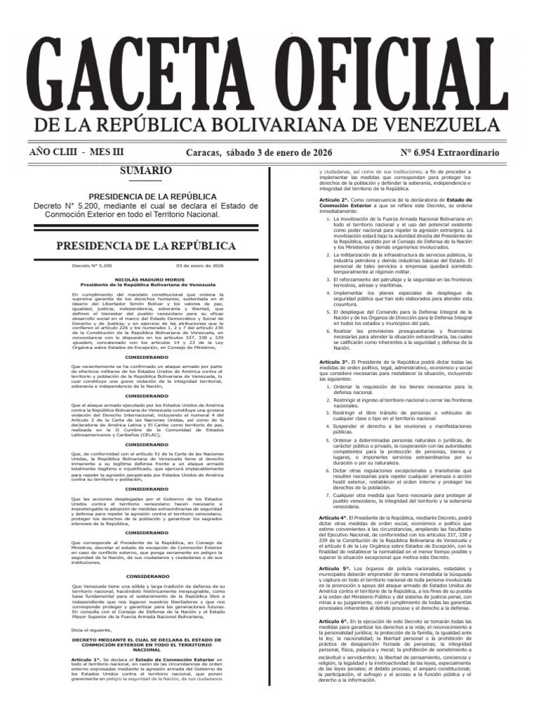 gaceta_oficial_6954_03_01_2026 | PDF | Venezuela | Estado (política)