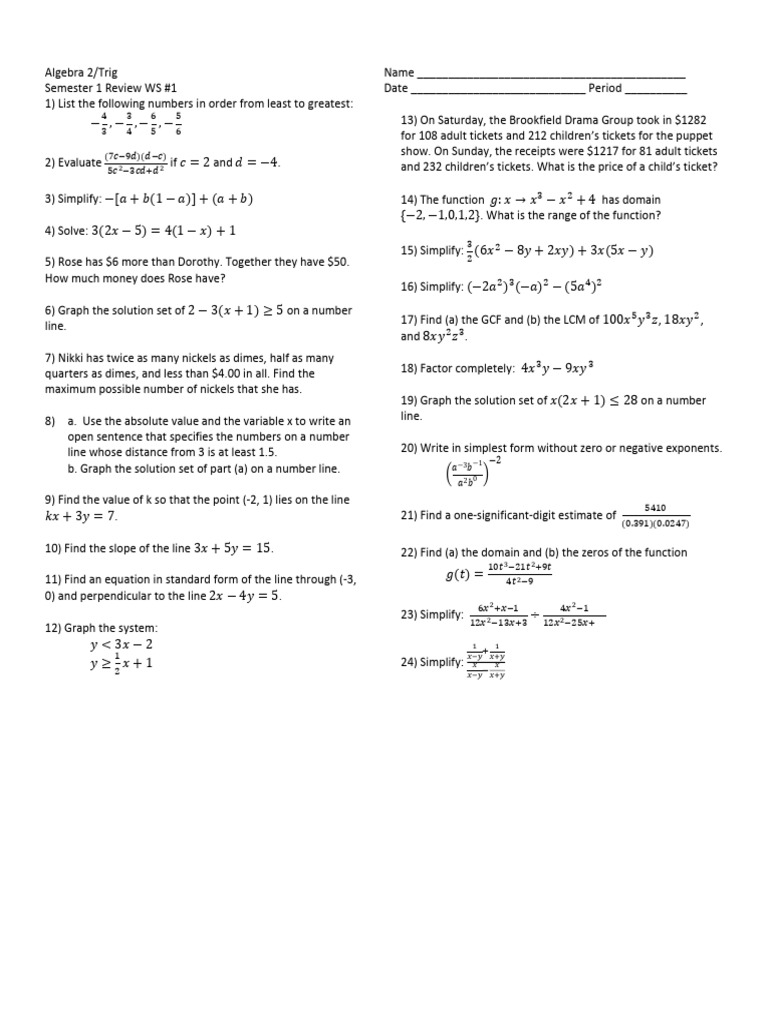 Algebra 2/Trig Semester 1 Review Worksheet | PDF | Function ...