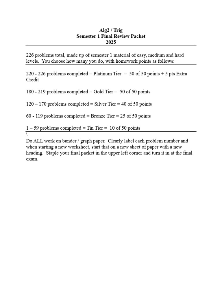 Alg2/Trig Semester 1 Review Packet | PDF