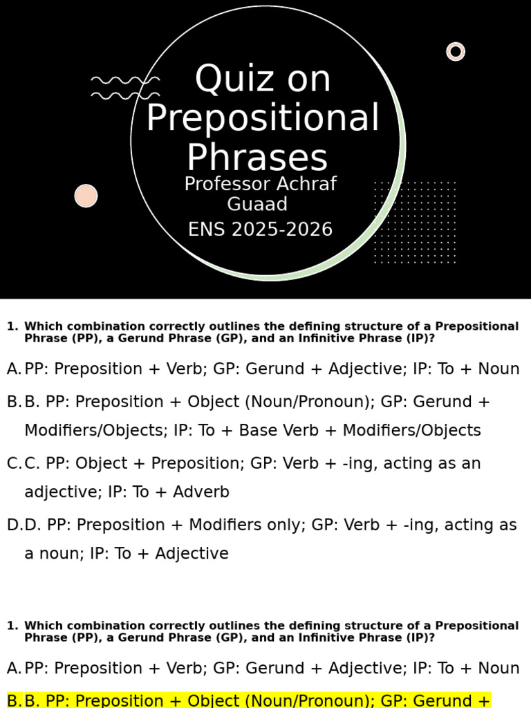 Prepositional Phrase Quiz Guide | PDF | Adjective | Verb