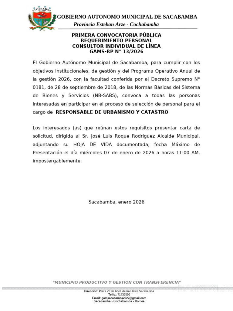 Crm-resp. de Urbanismo y Catastro Gam de Sacabamba (Cochabamba) | PDF