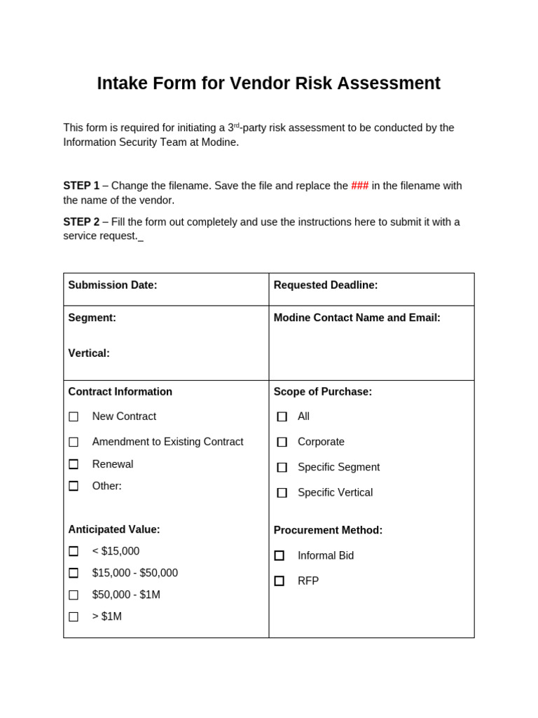 Vendor Risk Assessment - Intake Form - Vendor - ### | PDF