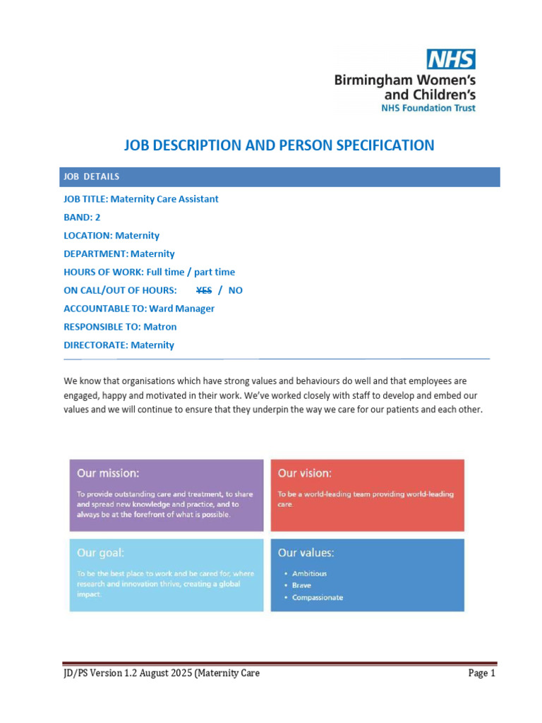 Maternity Care Assistant Job Description | PDF | Breastfeeding | Infants