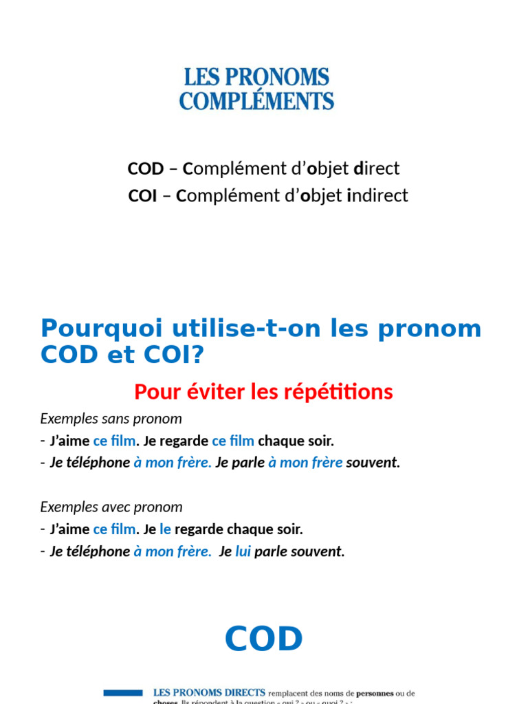 Pronom COD et COI : Guide et Exercices | PDF