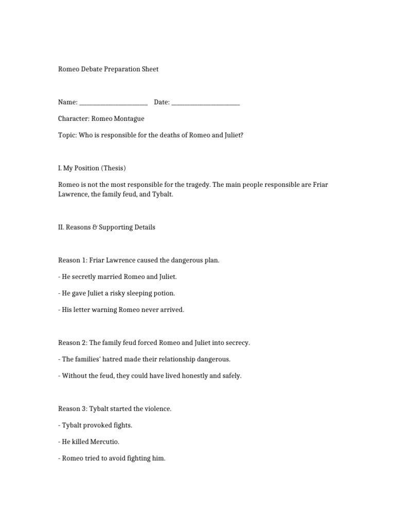 Romeo Debate Prep | PDF | Romeo And Juliet | Juliet