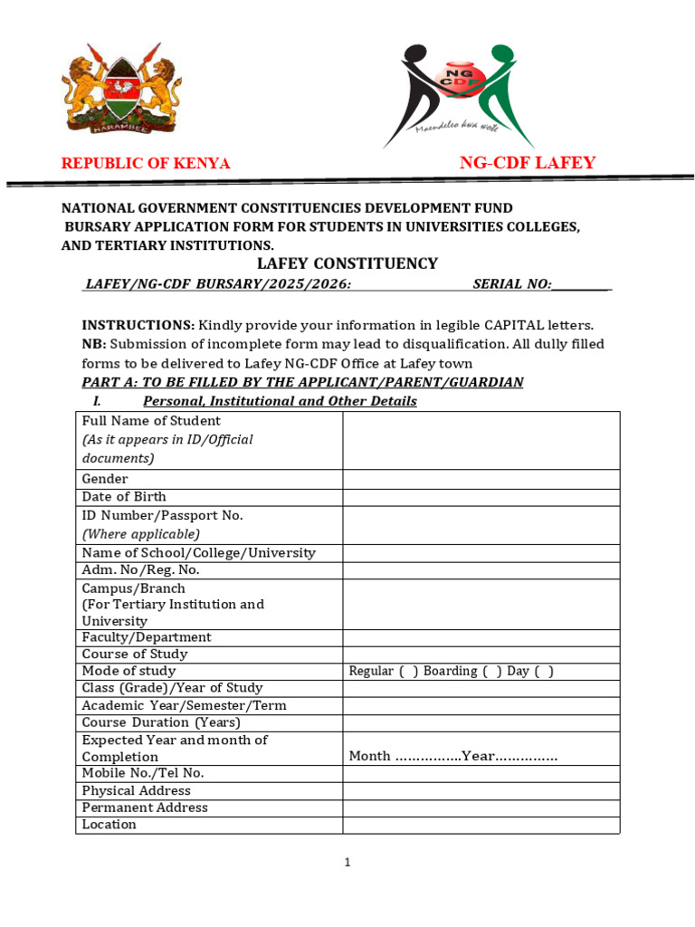 University and Colleges Bursary Form 2025-2026 LAFEY NG-CDF | PDF | Identity Document