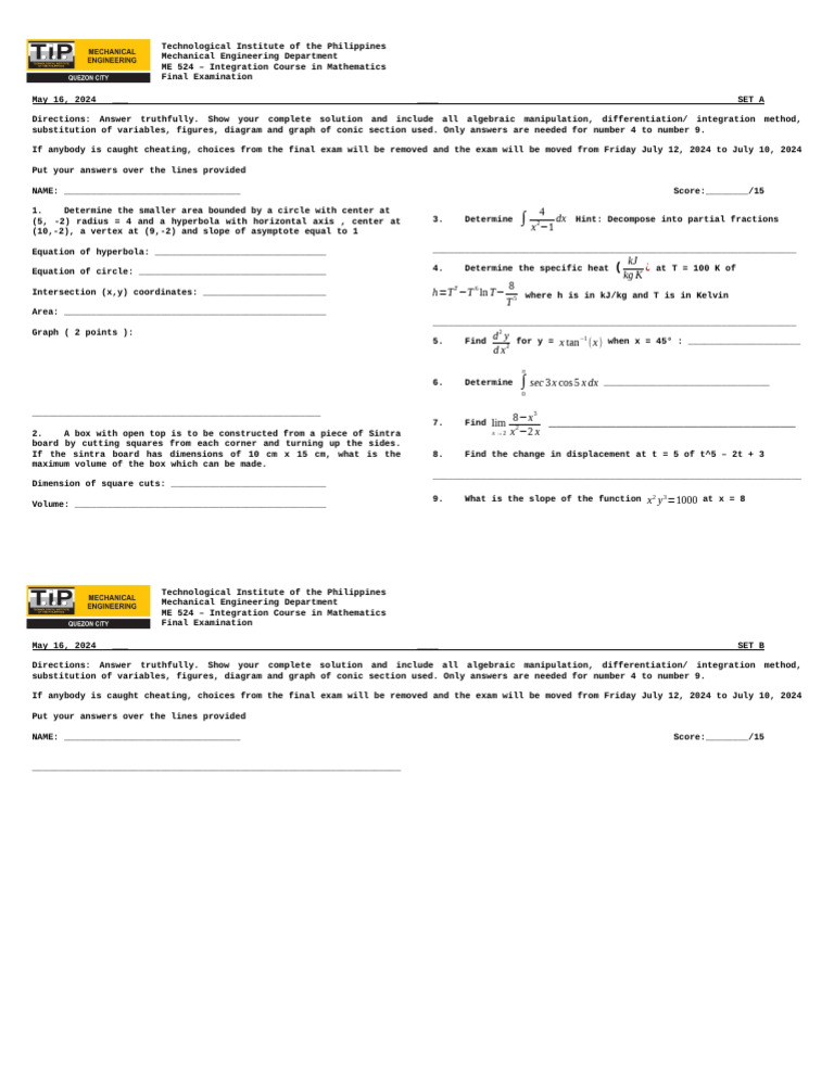 Differential - Integral SET A | PDF | Mathematics | Geometry