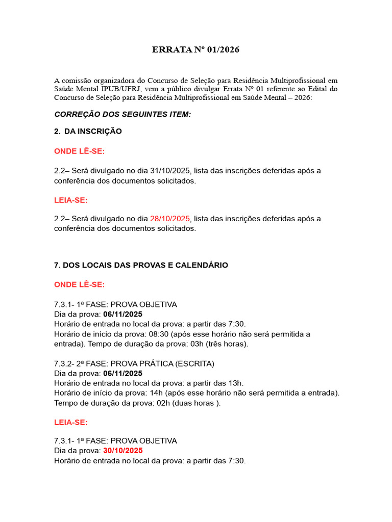 Errata 01 Edital Da Selecao Da Residencia Multiprofissional Em Saude ...