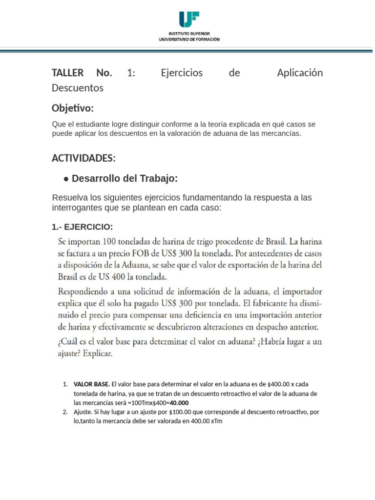 TALLER 1 EJERCICIOS DE DESCUENTOS JANELA QUIMI | PDF | Bolsa | aduana