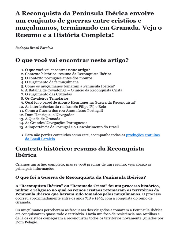 Reconquista Da Península Ibérica Brasil Paralelo Aula 1A | PDF ...