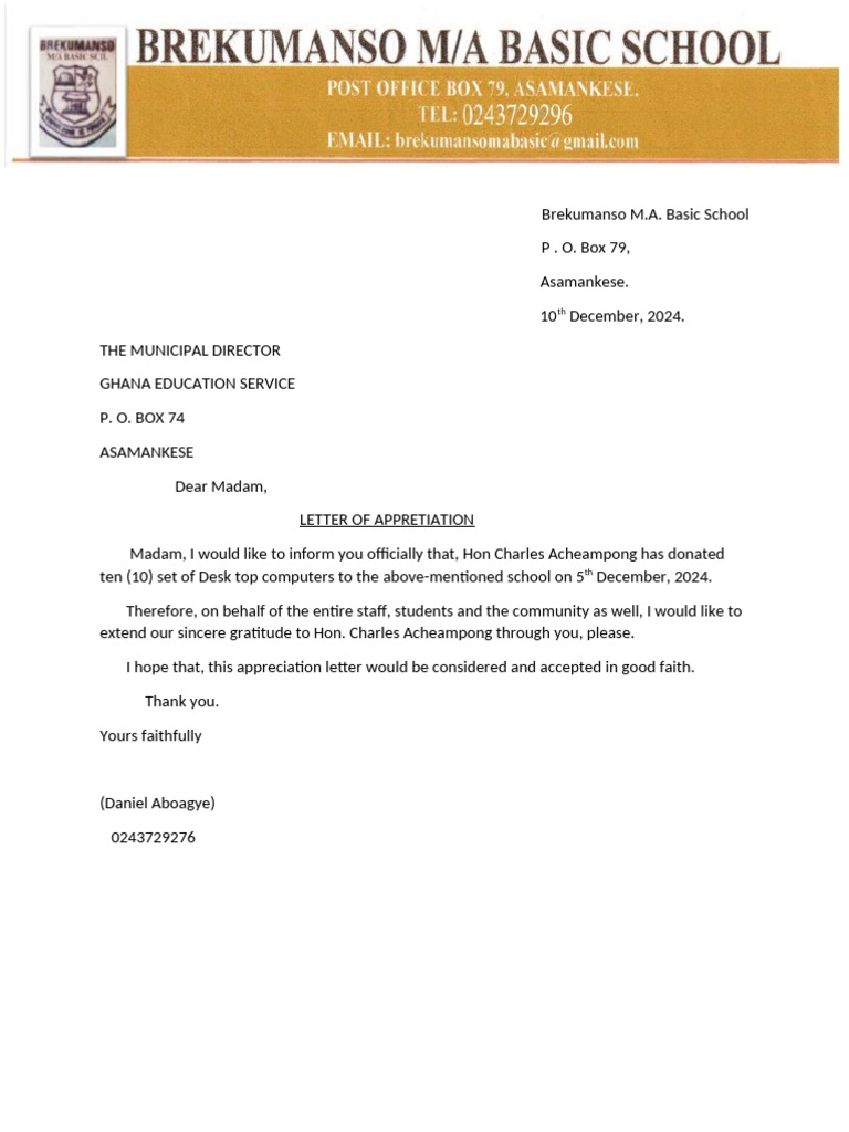 Appreciation Letter for Computer Donation | PDF