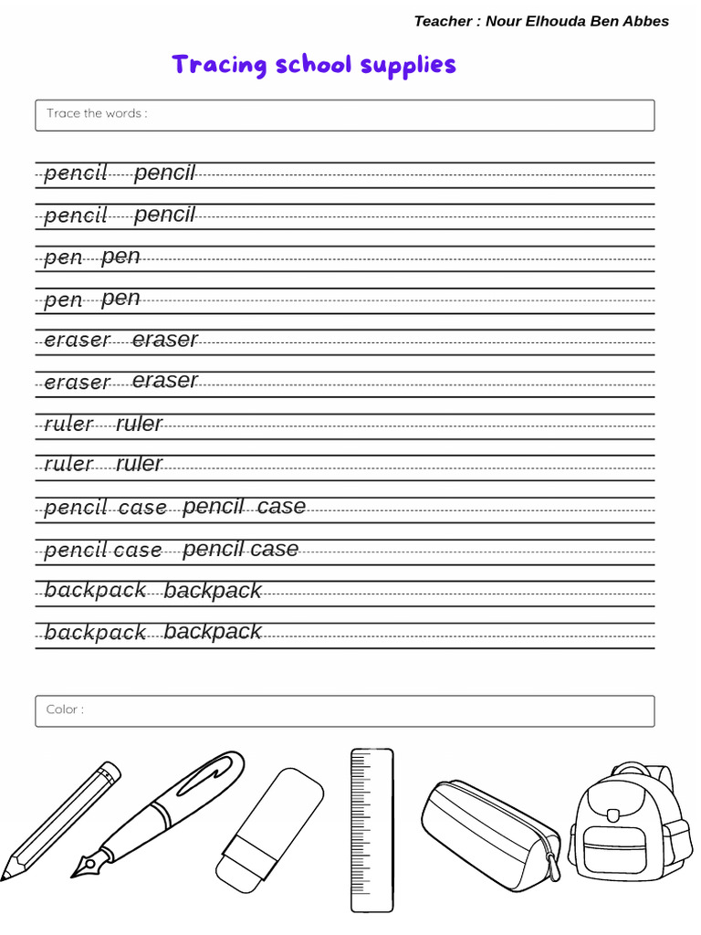 School Supplies Tracing Worksheet | PDF