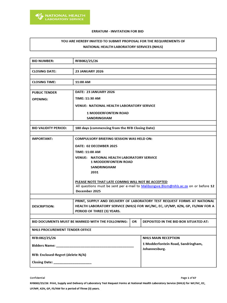 RFB082_25-26_Bid Document for tender in South Africa | PDF