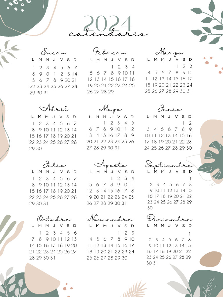 Documento A4 Calendario 2024 Aesthetic Minimalista Verde y Beis | PDF