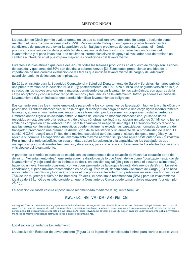 METODO NIOSH | PDF | Ecuaciones | Biomecánica