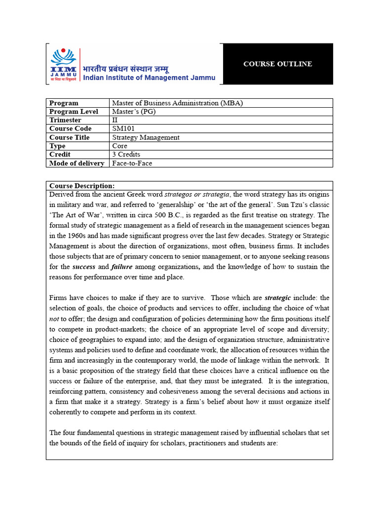 MBA Strategy Management Course Outline | PDF | Strategic Management ...