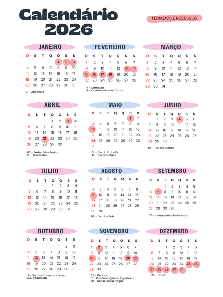 A4 Calendário Anual 2026 Com Feriados Fofo Rosa E Lilás_20260106_140056 ...