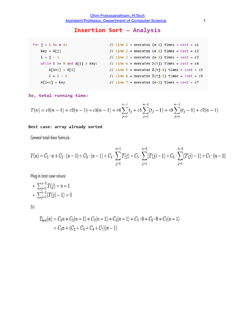 Lecture 10 Insertion Sort(II) Analysis-1 | PDF
