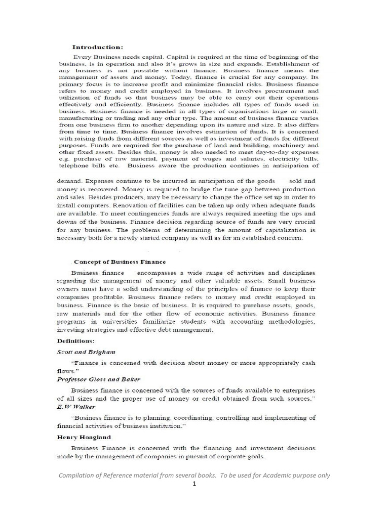 Business Finance Mod1 24-25 Reading Material | PDF
