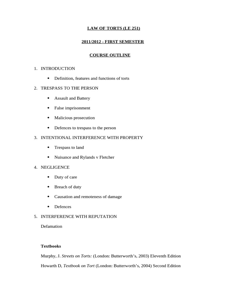 LAW of TORTS - Course Outline | PDF