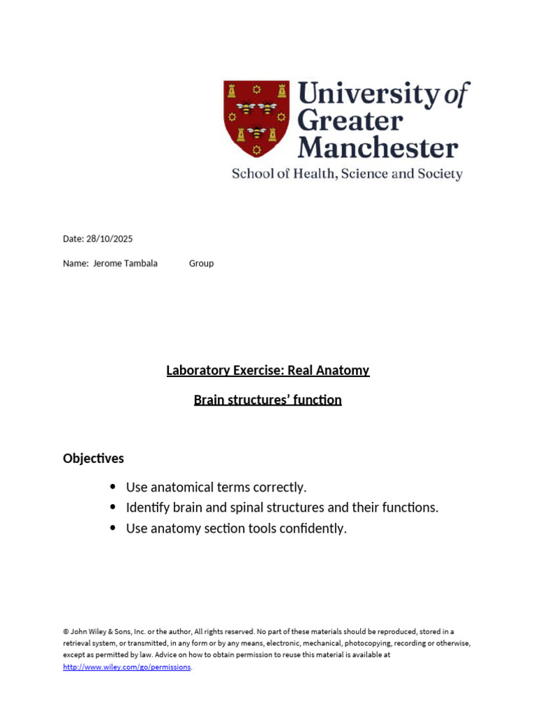 Worksheet 1 Brain Anatomy and Function | PDF | Neuroscience | Nervous ...
