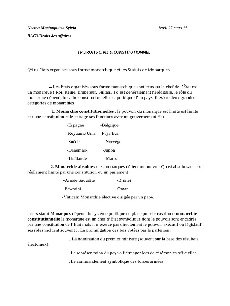 Monarchies : Types et Statuts des Monarques | PDF | Monarchie | Chefs d ...