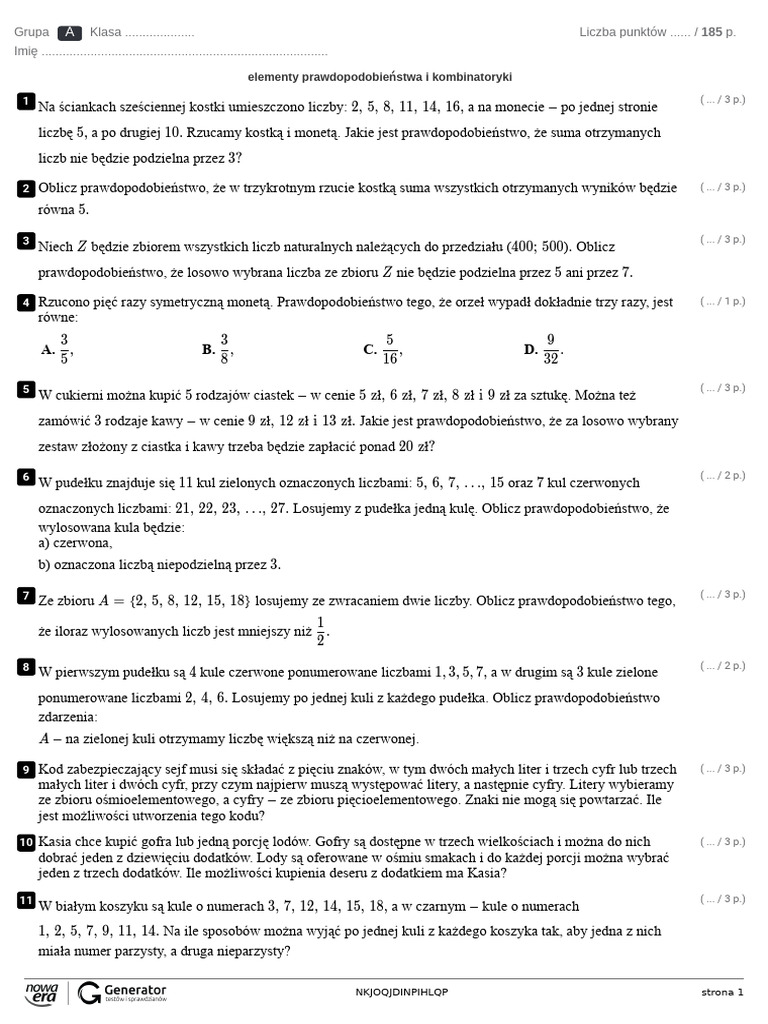 Elementy Prawdopodobieå Stwa I Kombinatoryki Test Â Ekowydruk | PDF