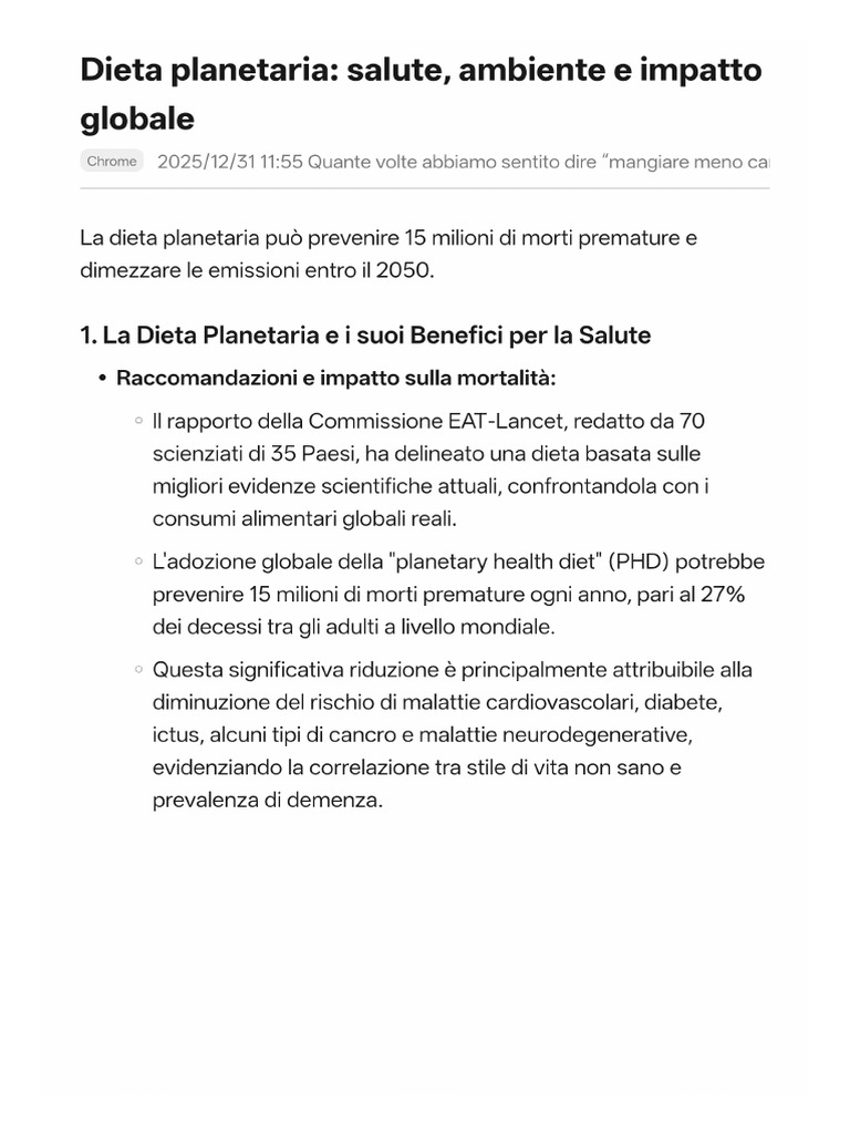 Dieta Planetaria - Salute, Ambiente e Impatto Globale - Riepilogo AI | PDF