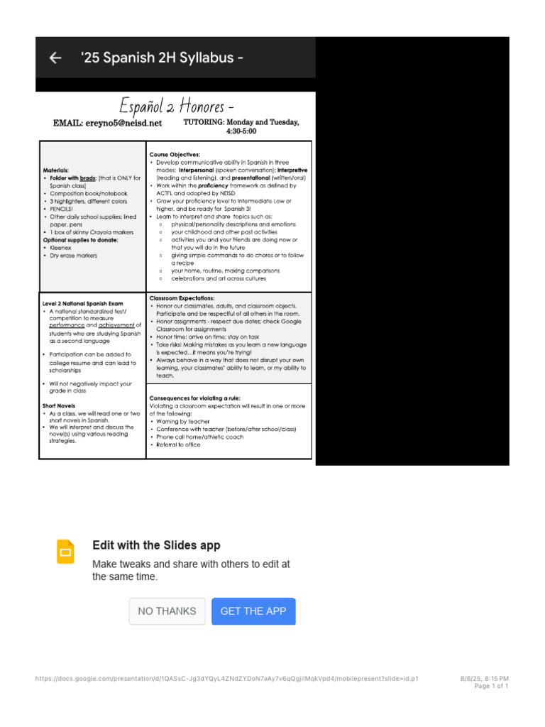 Spanish 2H Syllabus Overview | PDF