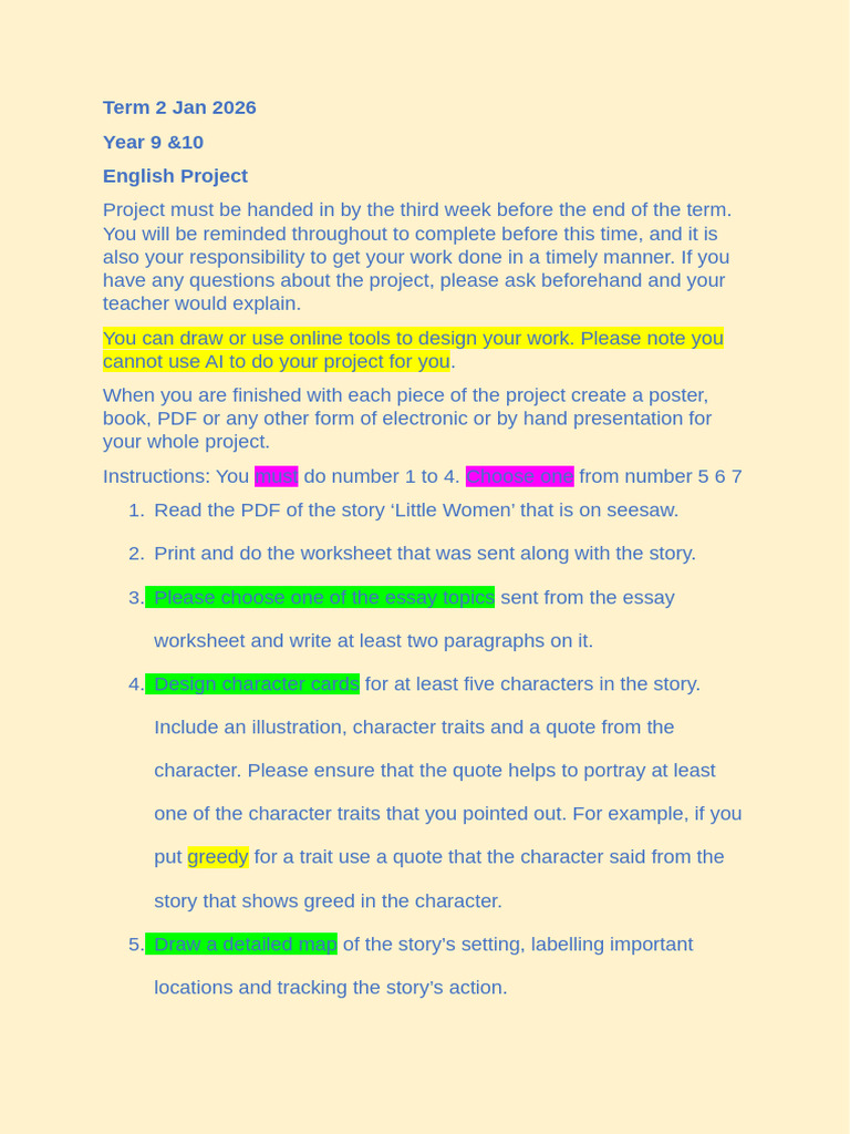 Term 2 Jan 2026 English Project Yr 9 10 | PDF