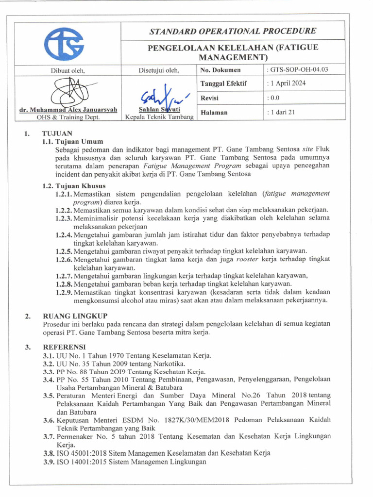 Sop Pengelolaan Kelelahan (Fatigue Management) | PDF