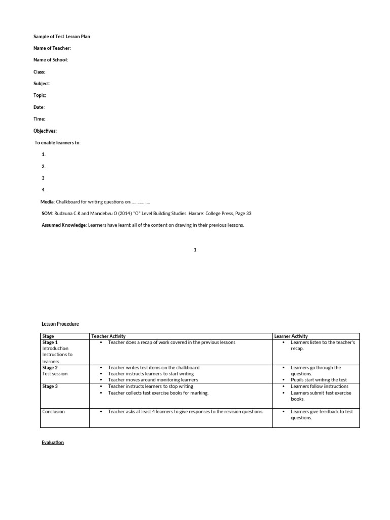 Test Lesson Plan - Practicals | PDF