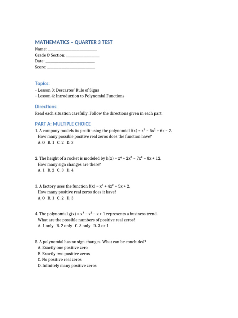 Grade 10 Q3 Descartes Polynomial Complete Test | PDF | Polynomial | Numbers