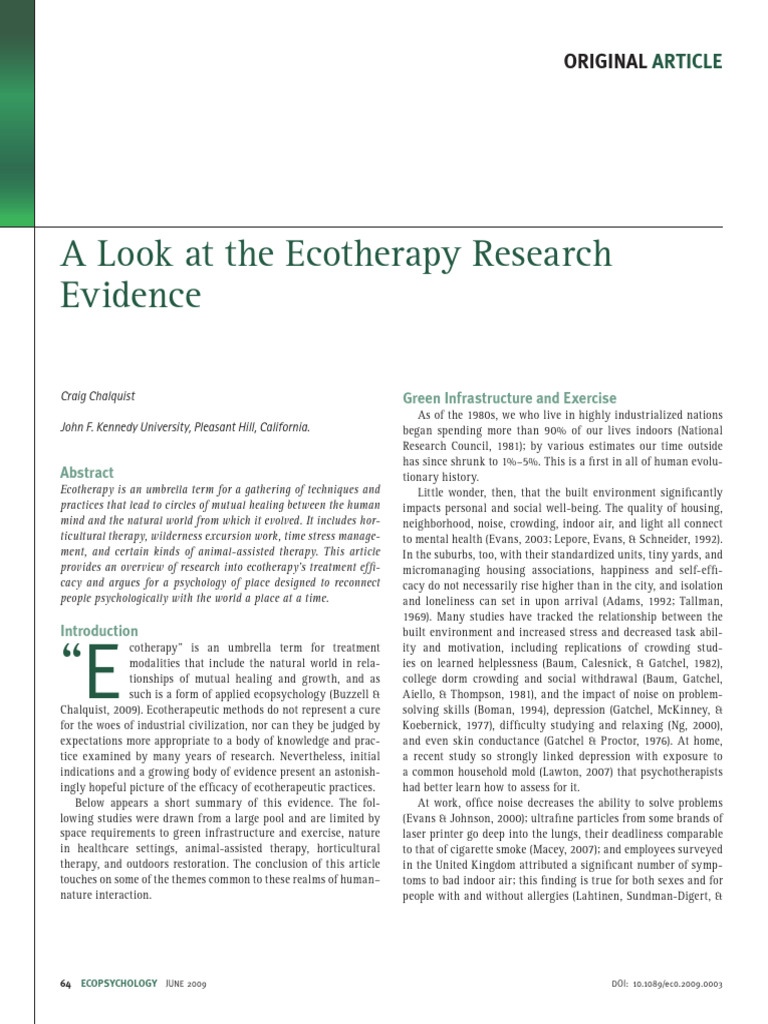 Ecotherapy Research Overview and Efficacy | PDF | Psychotherapy | Major ...