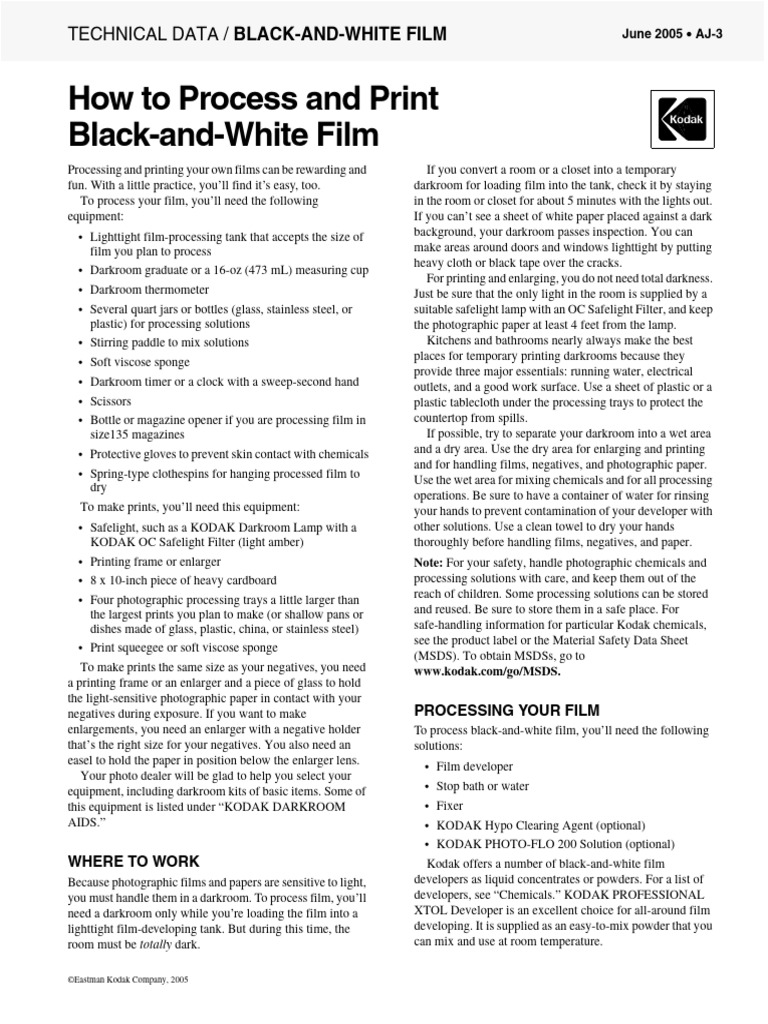 Kodak 2005 Spec Sheets for Processing Black & White Films | PDF ...