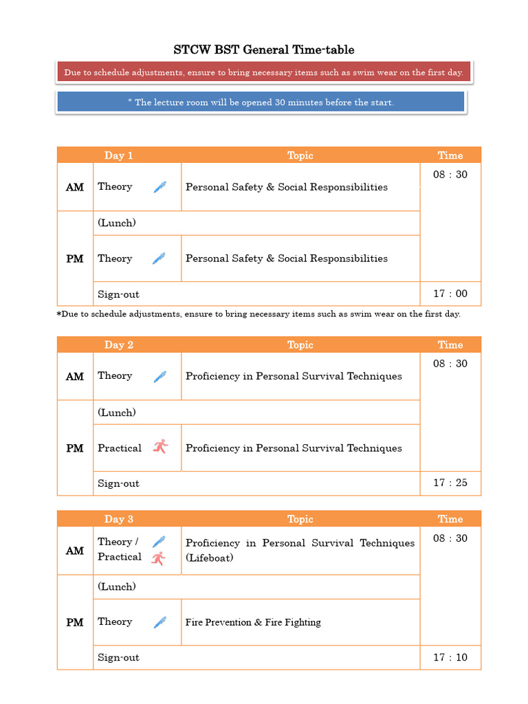 STCW BST Training Schedule Overview | PDF | Firefighting | Safety
