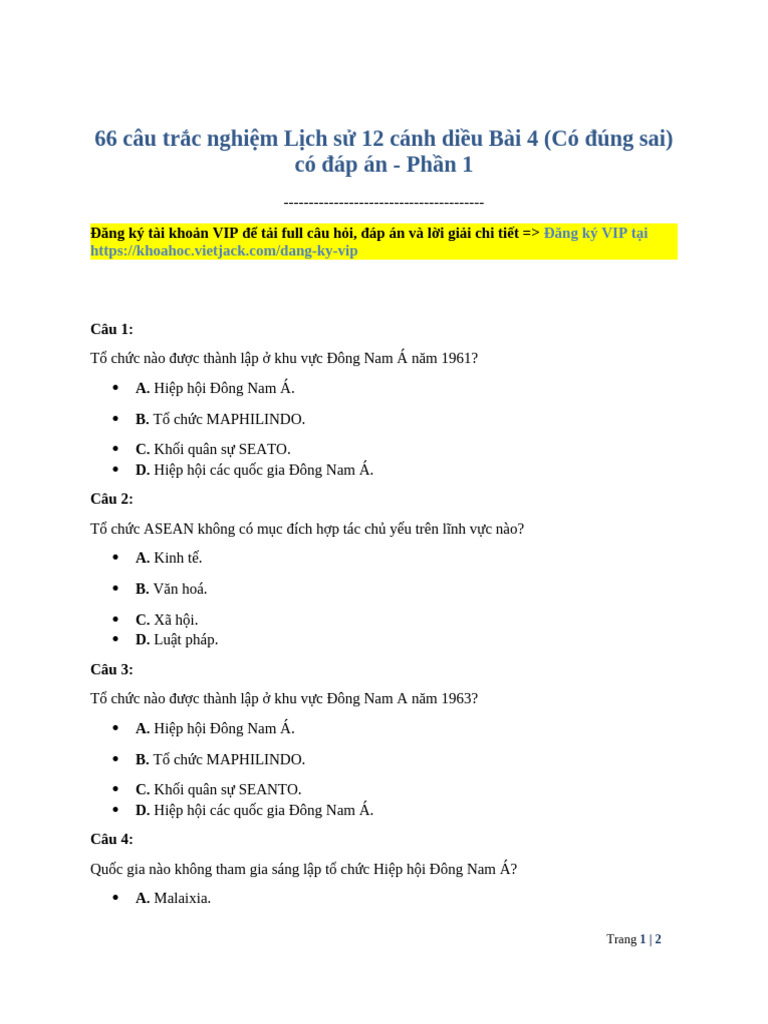 66 Cau Trac Nghiem Lich Su 12 Canh Dieu Bai 4 Co Dung Sai Co Dap An ...