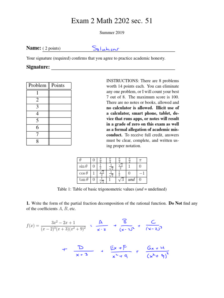 Exam2_2202_Su19_sol | PDF | Pi | Trigonometric Functions