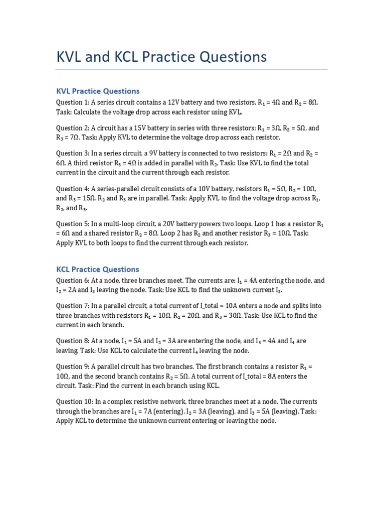 KVL and KCL Circuit Practice Questions | PDF